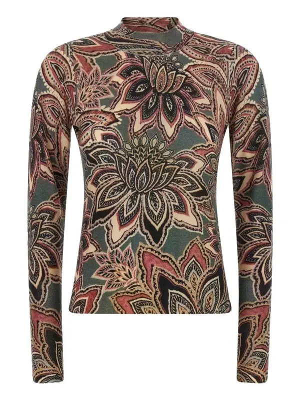 Farm Rio Tapestry Floral Print Mock Neck Long Sleeve Top - Multicolour