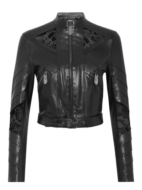 Philipp Plein Leather Cropped Jacket With Lace Embellishments - Black