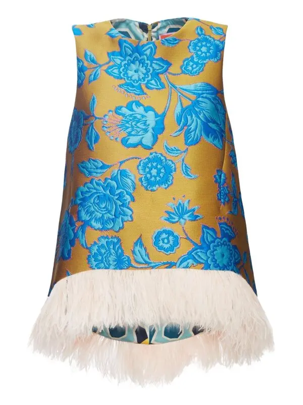 La DoubleJ Floral-jacquard Sleeveless Blouse With Feather Trim - Multicolor