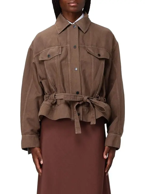 Brunello Cucinelli Linen And Cotton Blend Tie-waist Denim Jacket - Brown