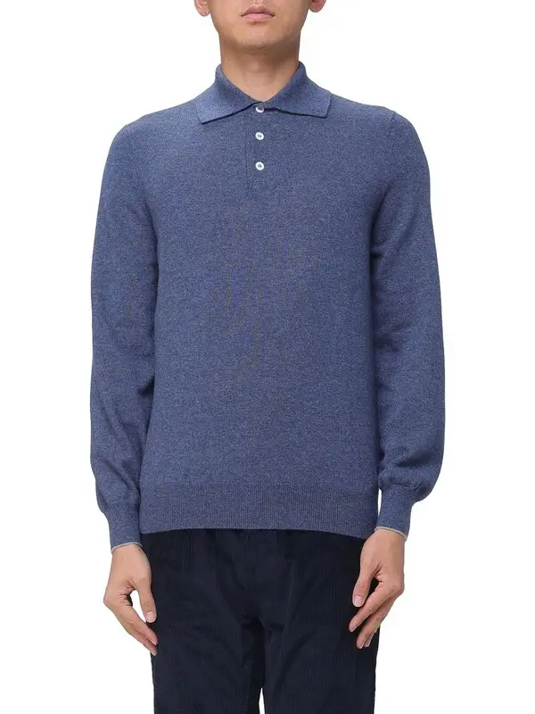 Brunello Cucinelli Pure Cashmere Long-sleeved Polo With Ribbed Collar - Blue