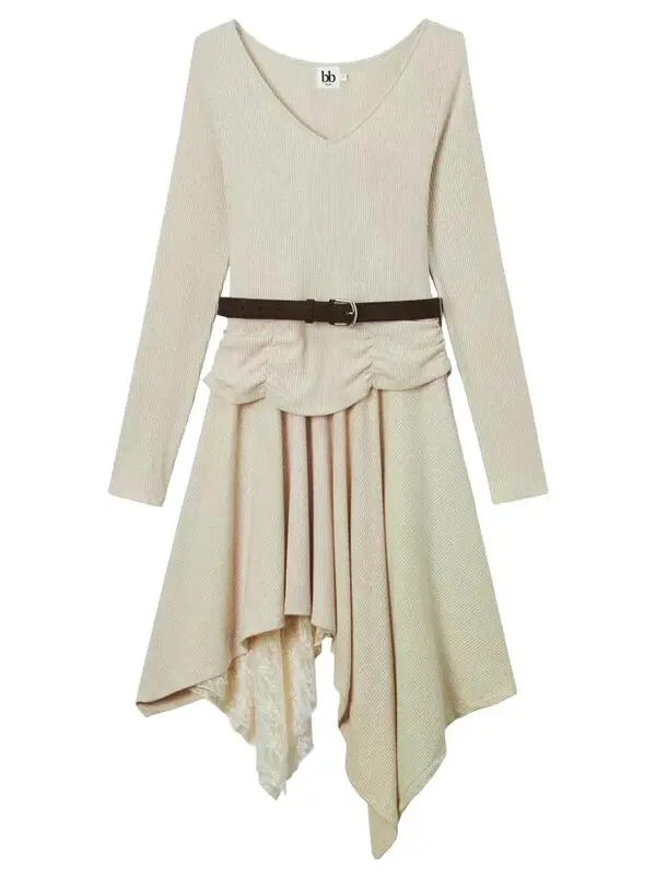 B+AB Midi Ribbed-knit Handkerchief-hem Dress - Neutrals