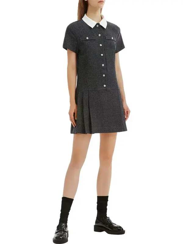 B+AB Mini Tweed-effect Pleated Dress With Contrasting Collar - Blue