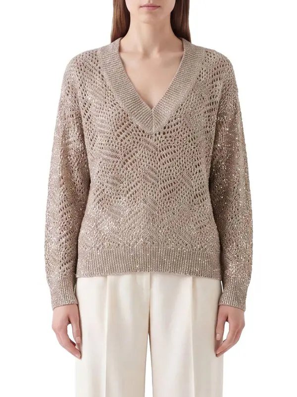 Brunello Cucinelli V-neck Sequined Pullover - Brown