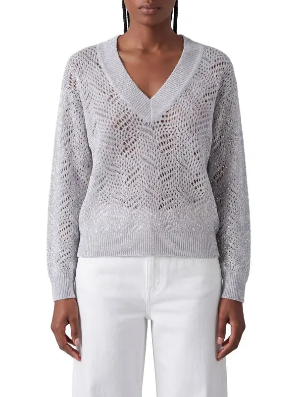 Brunello Cucinelli V-neck Sequined Pullover - Grey