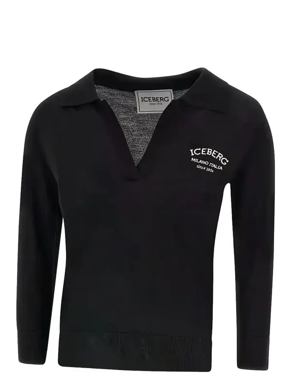 Iceberg Logo Embroidered V-neck Sweater - Black