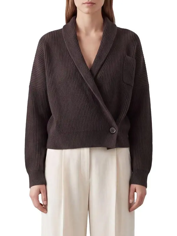 Brunello Cucinelli Ribbed Shawl Collar Cardigan - Coffee