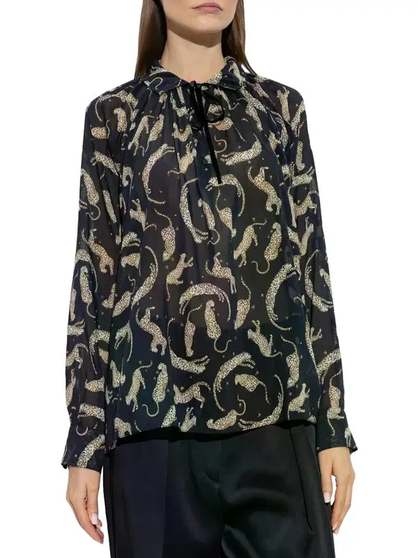 FORTE_FORTE Animal Motif Tie Neck Blouse - Blue