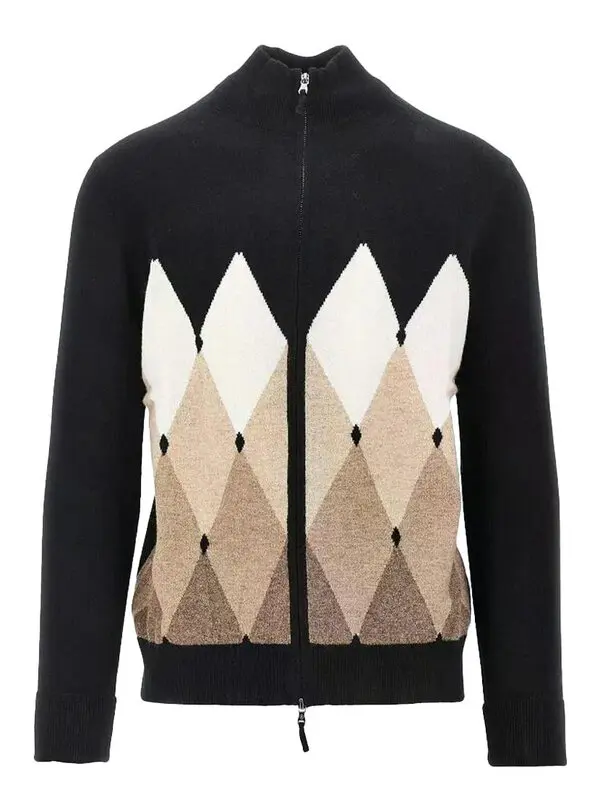 BALLANTYNE Cashmere Argyle Zip-up Cardigan - Black