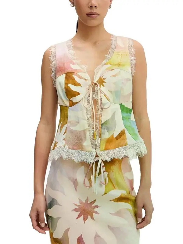 NEVER FULLY DRESSED Lace-trim Floral-print V-neck Top - Neutrals