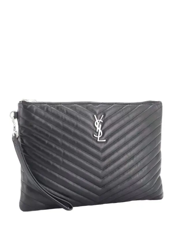 Saint Laurent Matelassé Chevron Leather Wristlet Pouch Clutch Bag - Black