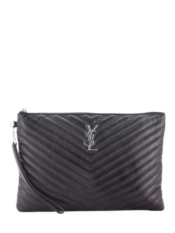 Saint Laurent Matelassé Chevron Leather Wristlet Pouch - Black