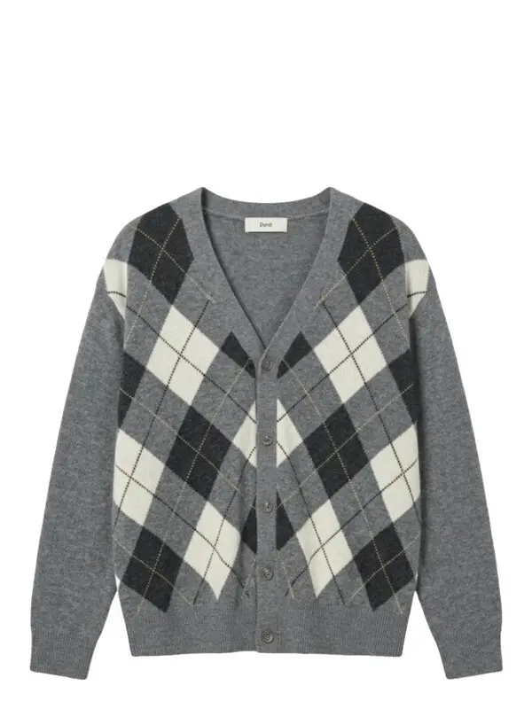 DUNST Argyle V-neck Cardigan - Grey