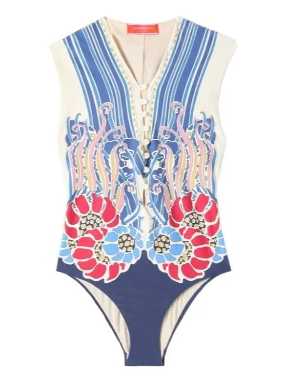 La DoubleJ Sleeveless Floral Print One-piece Swimsuit - Blue