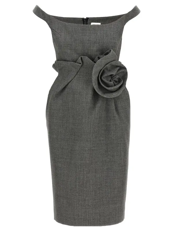 Magda Butrym Sculptural Wool-silk Blend Dress With Floral Waist Detail - Grey