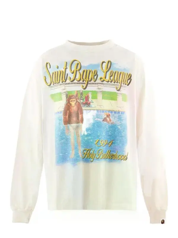 SAINT MXXXXXX X Bape Graphic-print Long-sleeve T-shirt - Neutrals