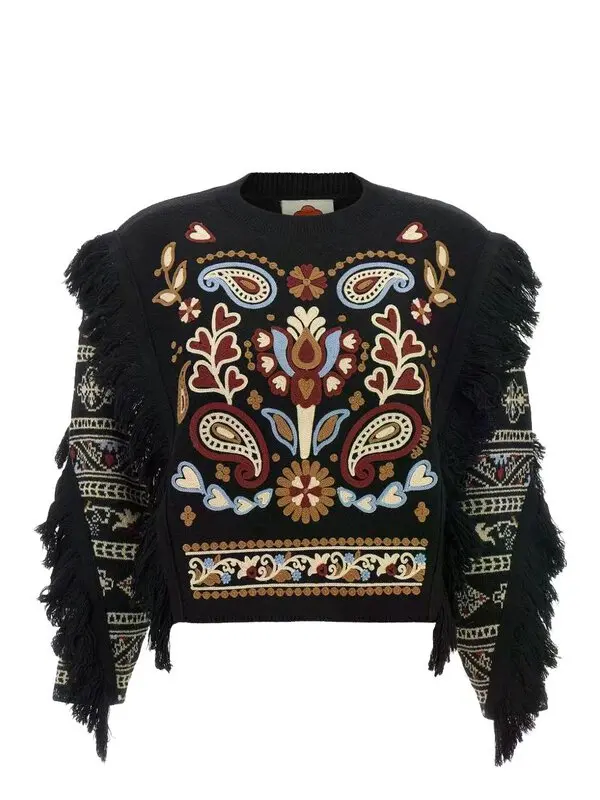 Farm Rio Embroidered Fringed Sweater With Geometric And Paisley Motifs - Black