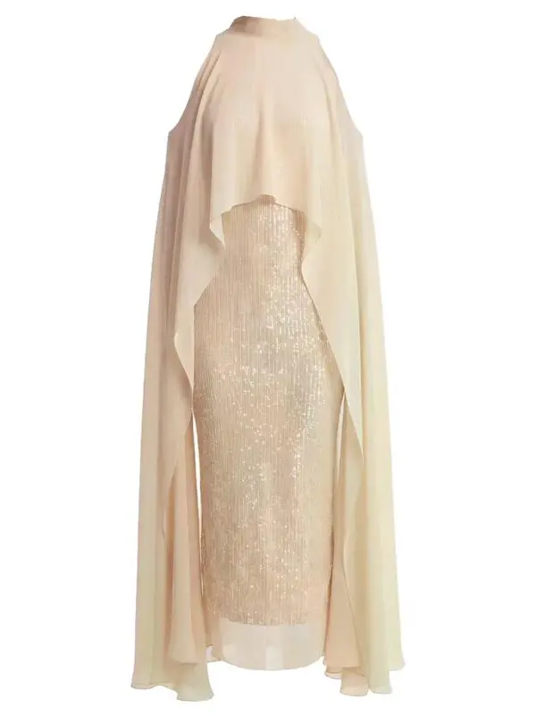 IRINA SCHROTTER Sequin Embellished Cape Overlay Midi Dress - Neutrals