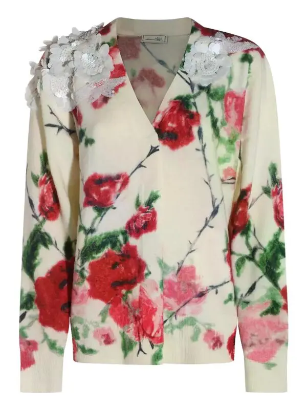 Blumarine Floral Print Sequin Embellished V-neck Sweater - Neutrals