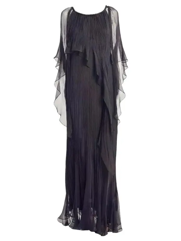 IRINA SCHROTTER Plissé Ruffled Maxi Dress - Black