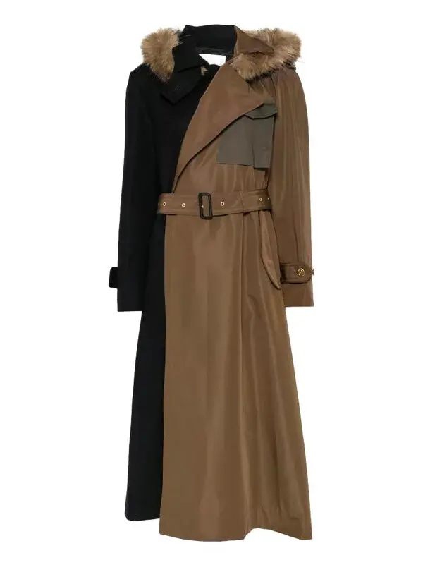 Sacai Faux Fur-trimmed Belted Coat - Brown