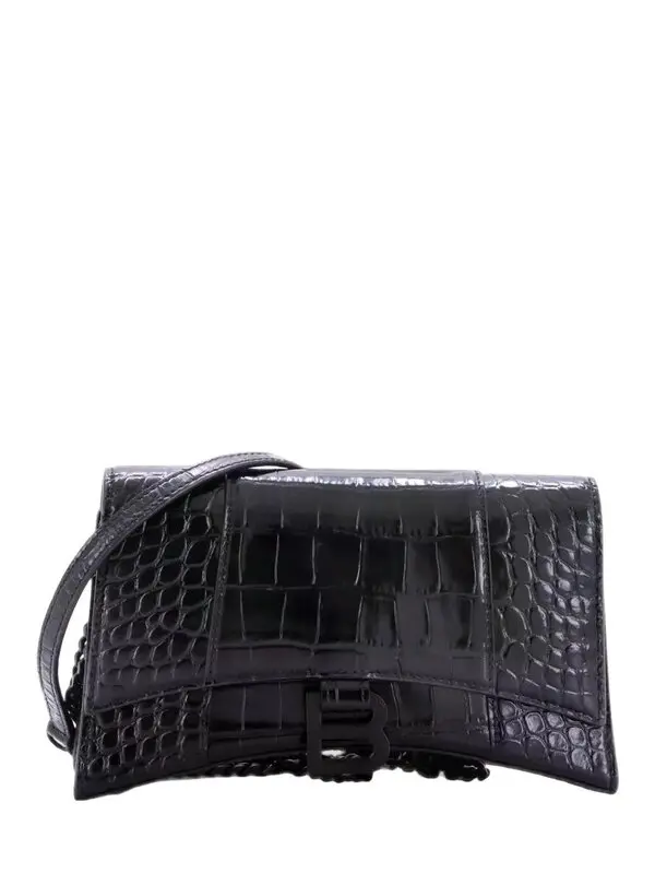 Balenciaga Hourglass Chain Crocodile Embossed Leather Crossbody Bag - Black
