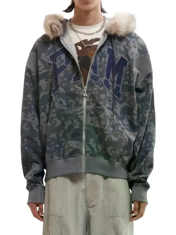 PERKS AND MINI Camouflage-print Faux-fur Trimmed Hoodie - Grey