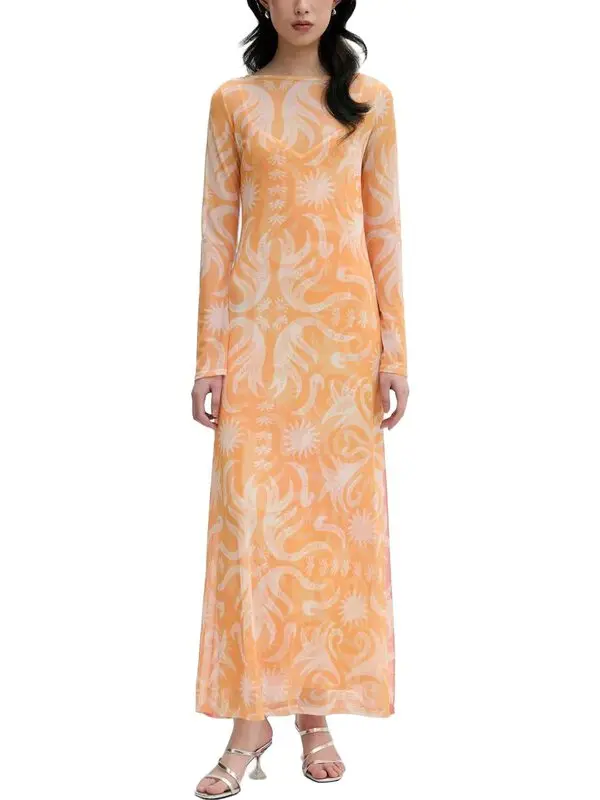 NEVER FULLY DRESSED Graphic Print Long Sleeve Midi Dress - Orange