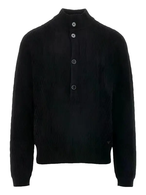 Emporio Armani High Neck Button-up Textured Sweater - Black