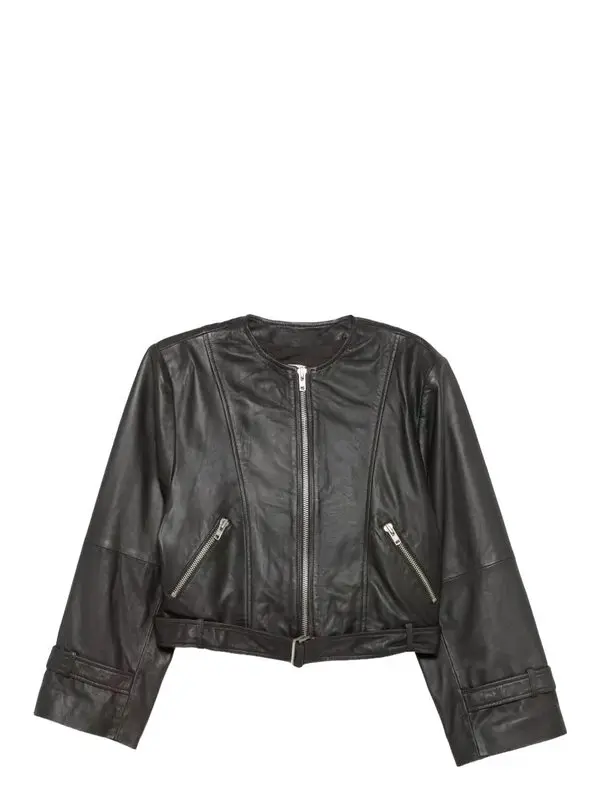 ALYSI Belted Leather Cropped Jacket - Brown