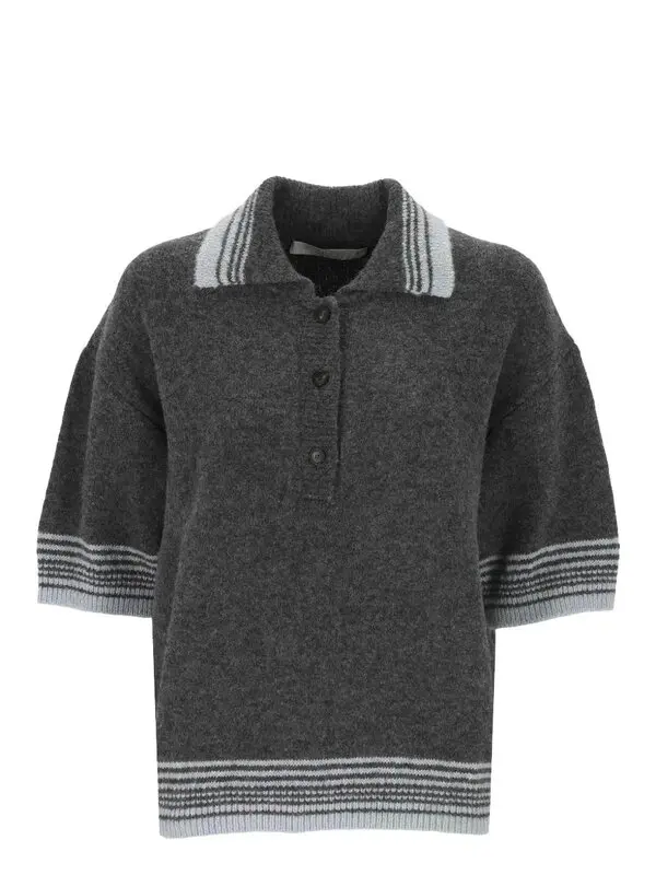 TELA Striped Trim Polo Top - Grey