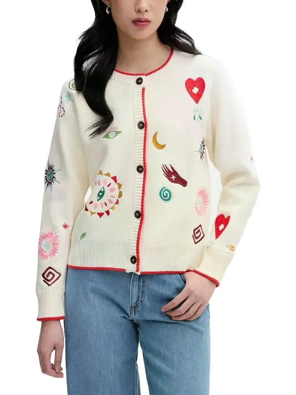 NEVER FULLY DRESSED Embroidered Charm Cardigan - Neutrals