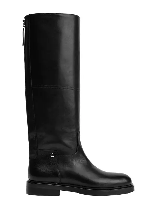 POEVE Calfskin Leather Zip Up Knee High Boots - Nero
