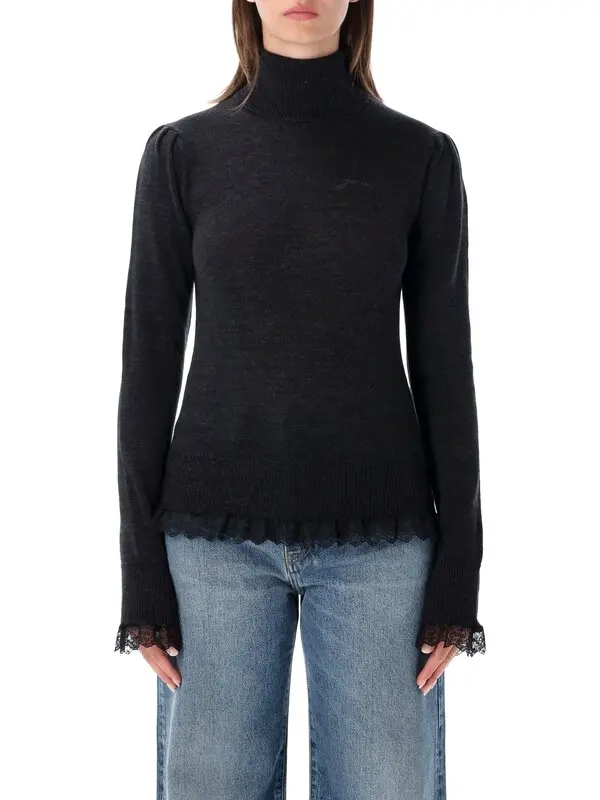 GANNI Lace-trim Fine Knit Turtleneck Sweater - Phantom Black
