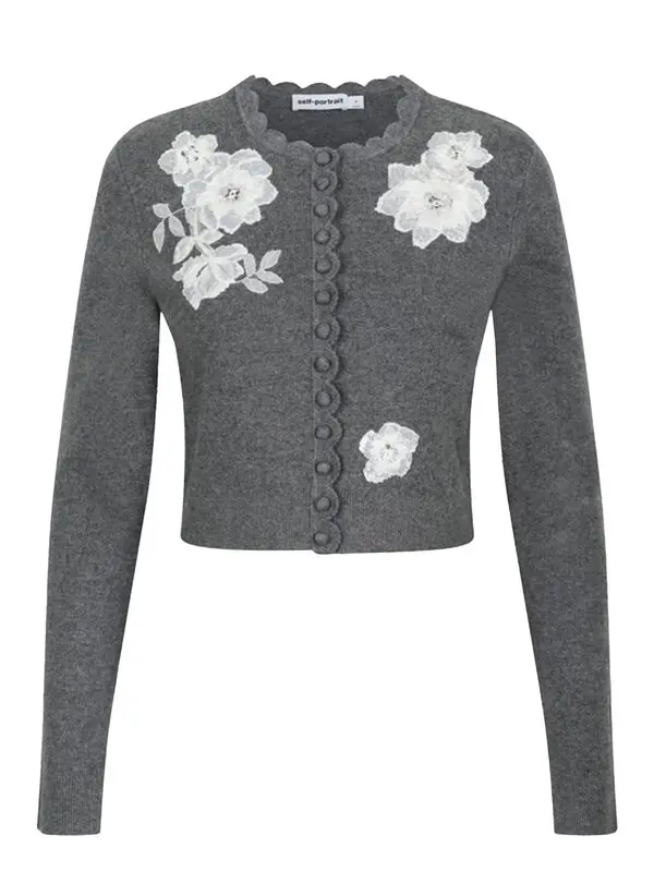 SELF-PORTRAIT Appliqué Floral Button-front Cropped Cardigan - Grey