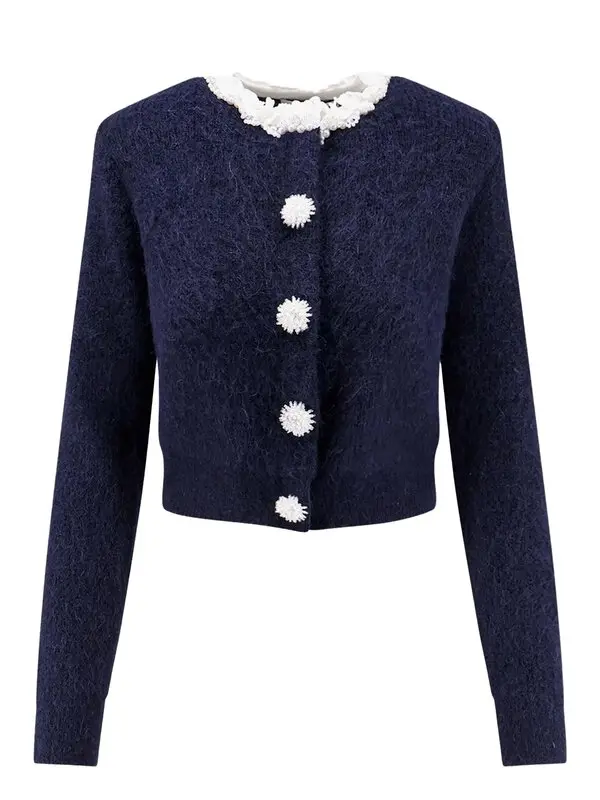 SELF-PORTRAIT Embellished Cropped Cardigan - Navy