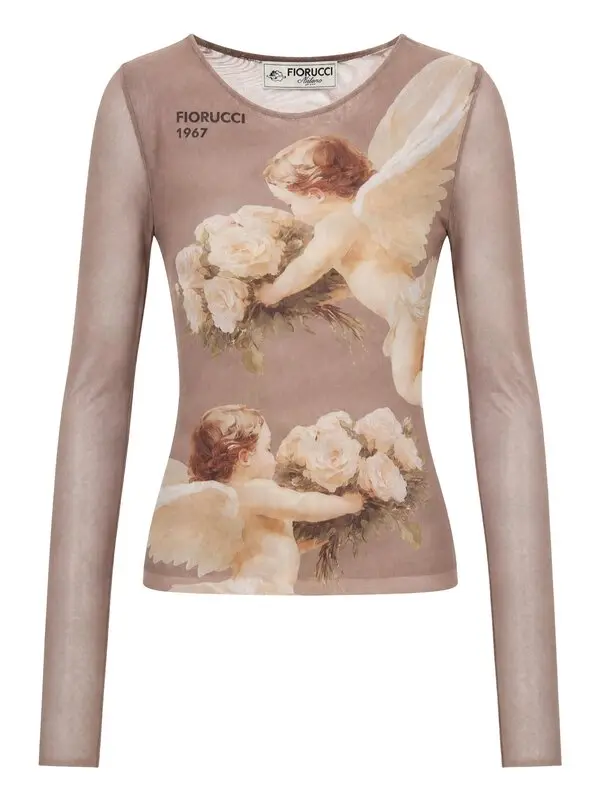 Fiorucci Sheer Graphic Long Sleeve Top - Brown