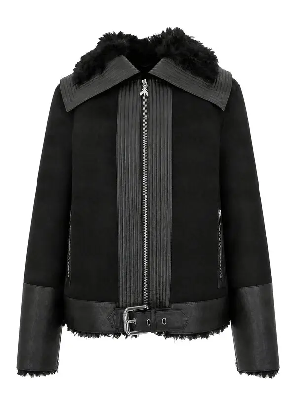 Patrizia Pepe Belted Shearling-trim Zip Jacket - Nero