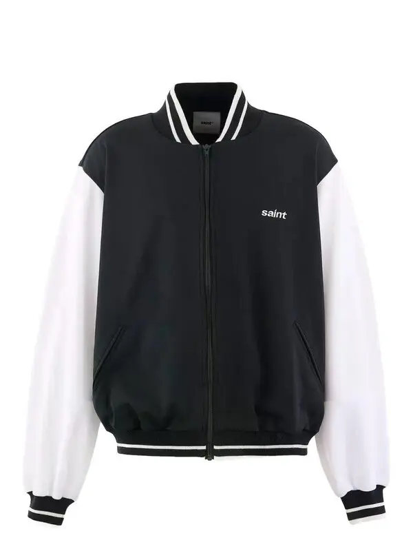 SAINT MXXXXXX Logo Print Striped Trim Jacket - Black