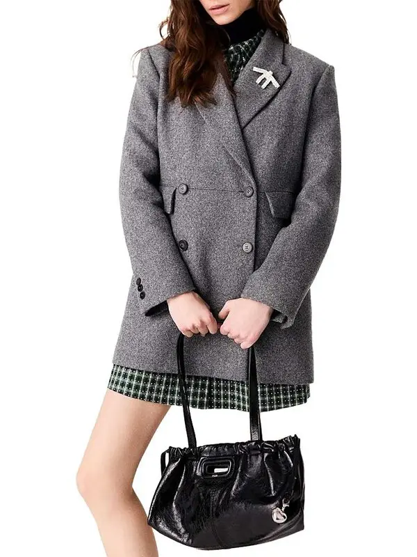 Maje Gelise Wool Blend Herringbone Double Breasted Coat - Grey