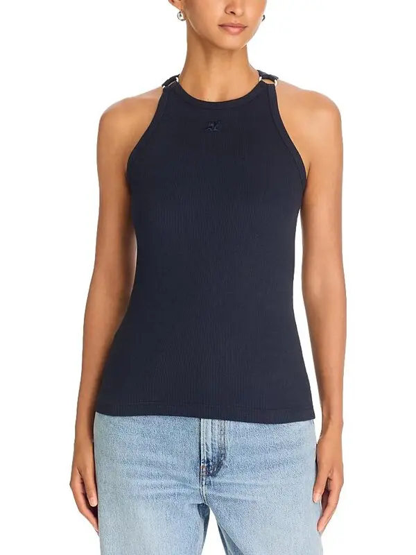COURREGES 90s Ribbed Tank Top With Buckle Detail - Navy