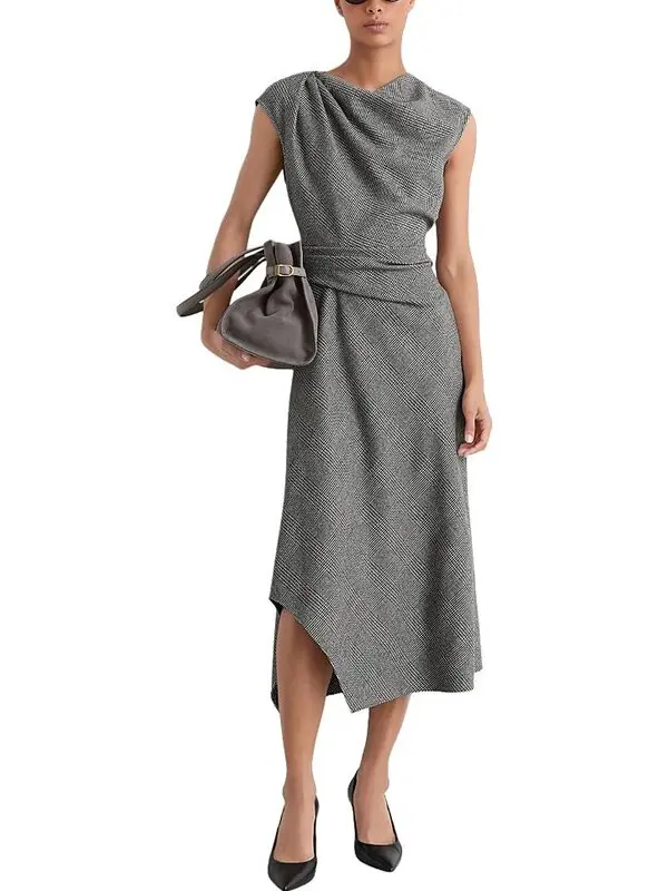 REISS Clara Houndstooth Check Tailored Midi Dress - Grey