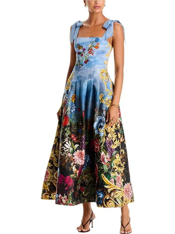 Alice + Olivia Hana Cotton Stretch Pleated Waist Bow Strap Dress - Alpine Dawn