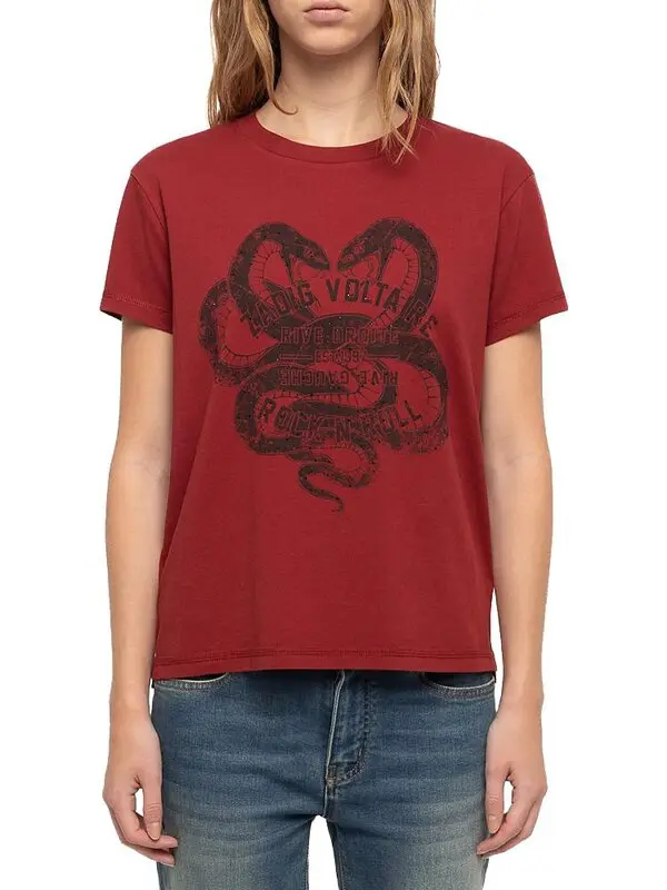 Zadig&Voltaire Rock-n-roll" Graphic Print Cotton Tee - Cherry