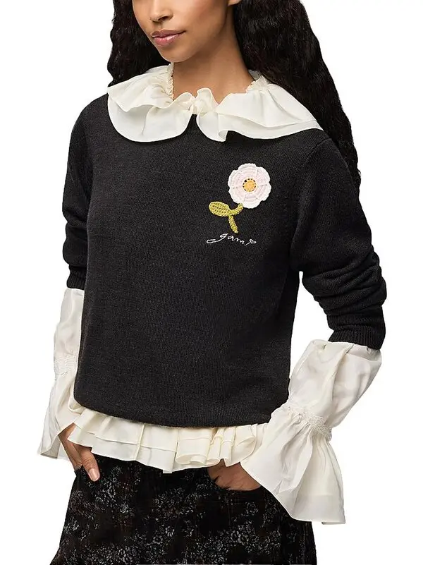 GANNI Crochet Applique Crewneck Sweater - Phantom