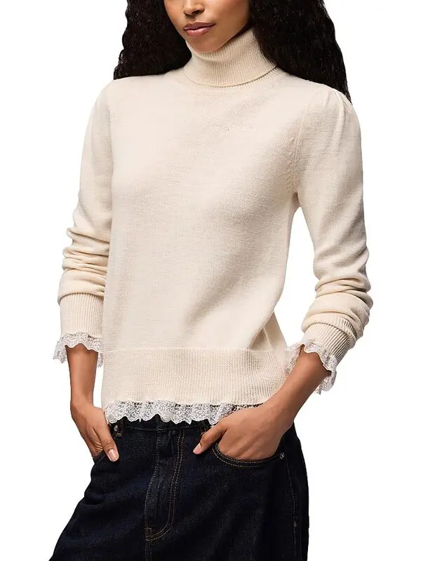 GANNI Lace Trim Merino Turtleneck Sweater - Egret