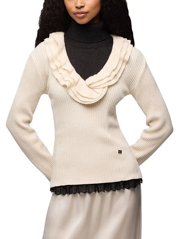 GANNI Ribbed Merino Wool-blend Sweater With Ruffle Neckline - Egret