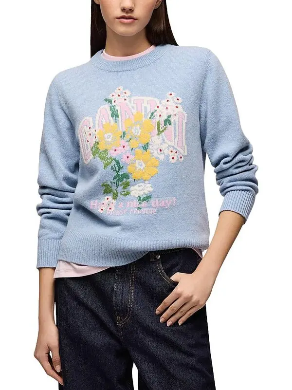 GANNI Flower Logo Crewneck Sweater - Blue Bonnet