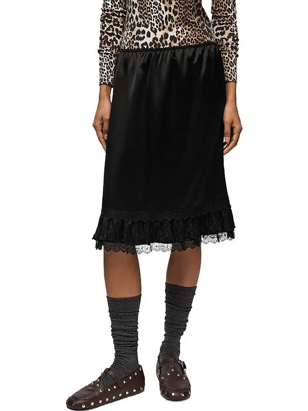 GANNI Satin Frill Hem Midi Skirt - Black