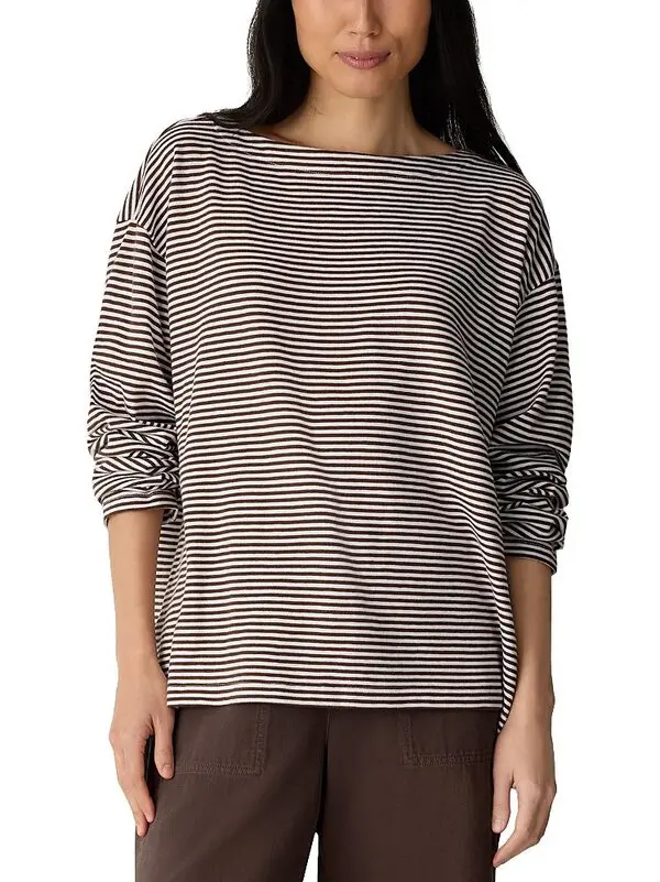 Eileen Fisher Striped Boatneck Boxy Top - Truffle